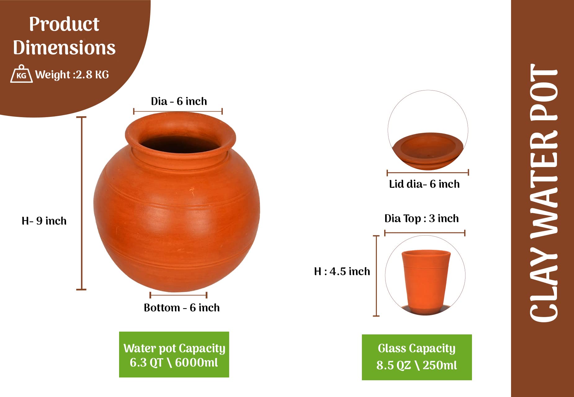 Village Decor Handmade Earthen Clay Water Pot with Lid and Glass (Capacity 6000 ml / 202 oz)