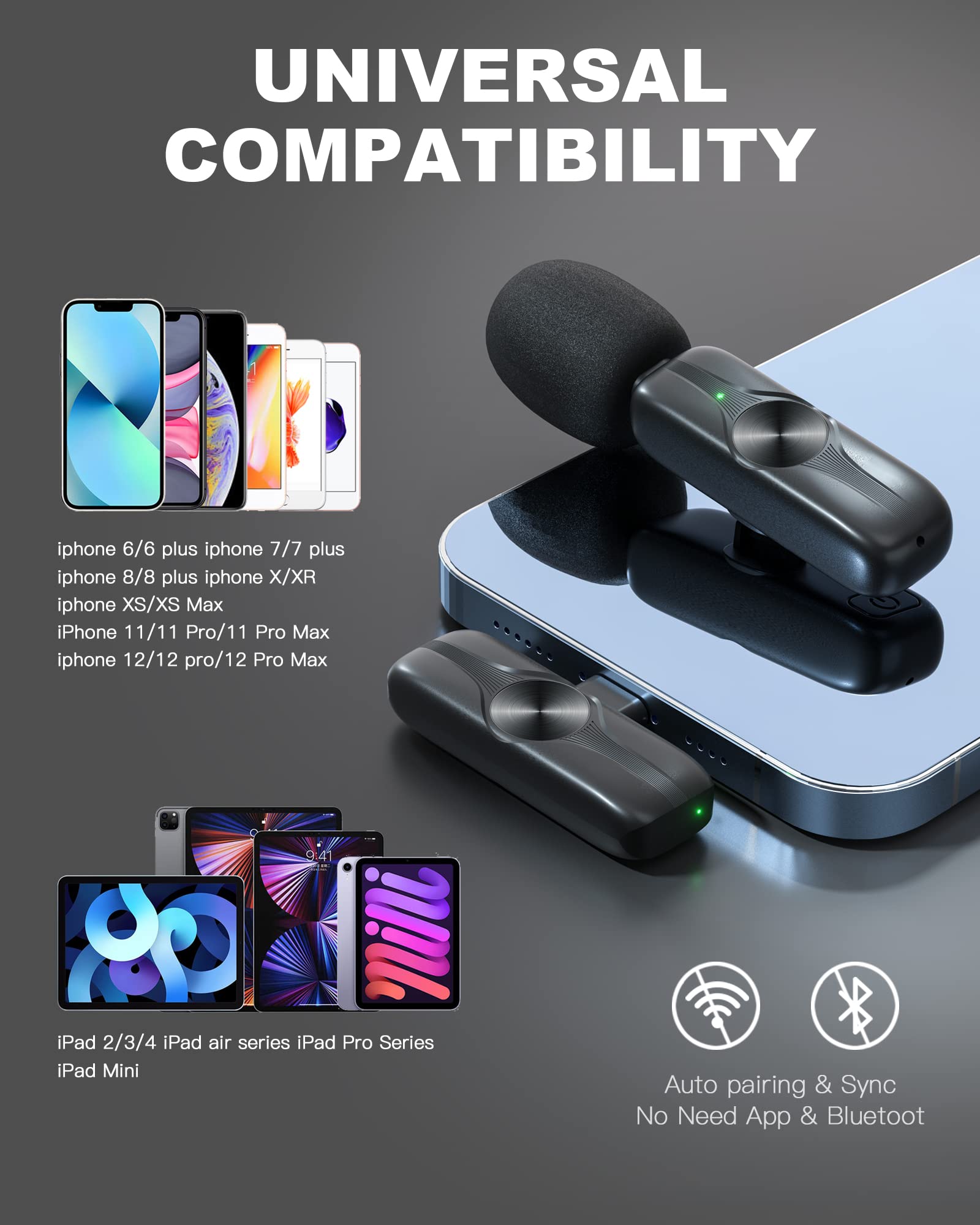 Wireless Lavalier Microphone for iPhone , Professional Video Recording Lav Mic, Ultra Low Delay Auto Sync and Smart Noise Reduction for Recording Vlog YouTube Tiktok Live Stream Interview Black