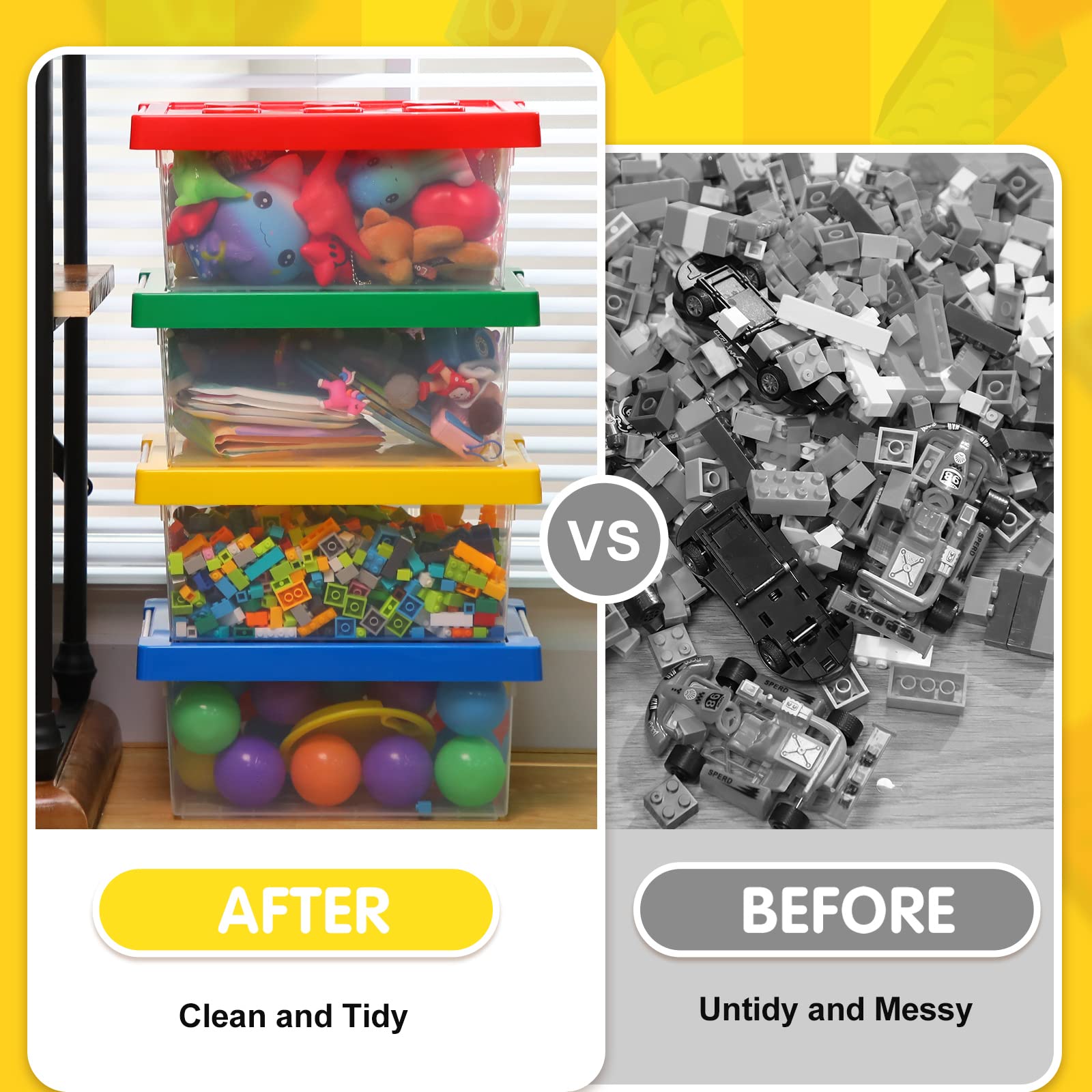 Vicenpal 4 Pack Toy Storage Containers with Lids Brick Shaped Kids Storage Organizer Box Containers Plastic Stackable Organizer Bin Clear Toy Chest for Organizing Building Brick Dolls Toys(Small)