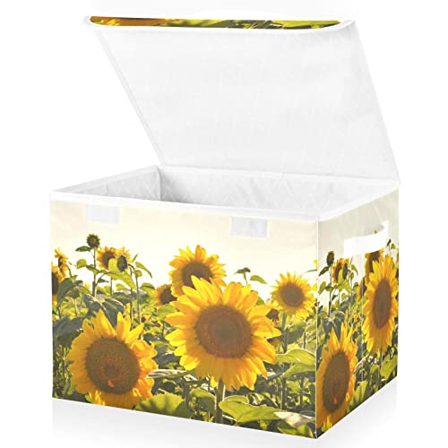 RunningBear Sunflower Field Large Storage Bins with Lid Collapsible Storage Bin Laundry Baskets Decorative Storage Box for Rooms Playroom Shelves