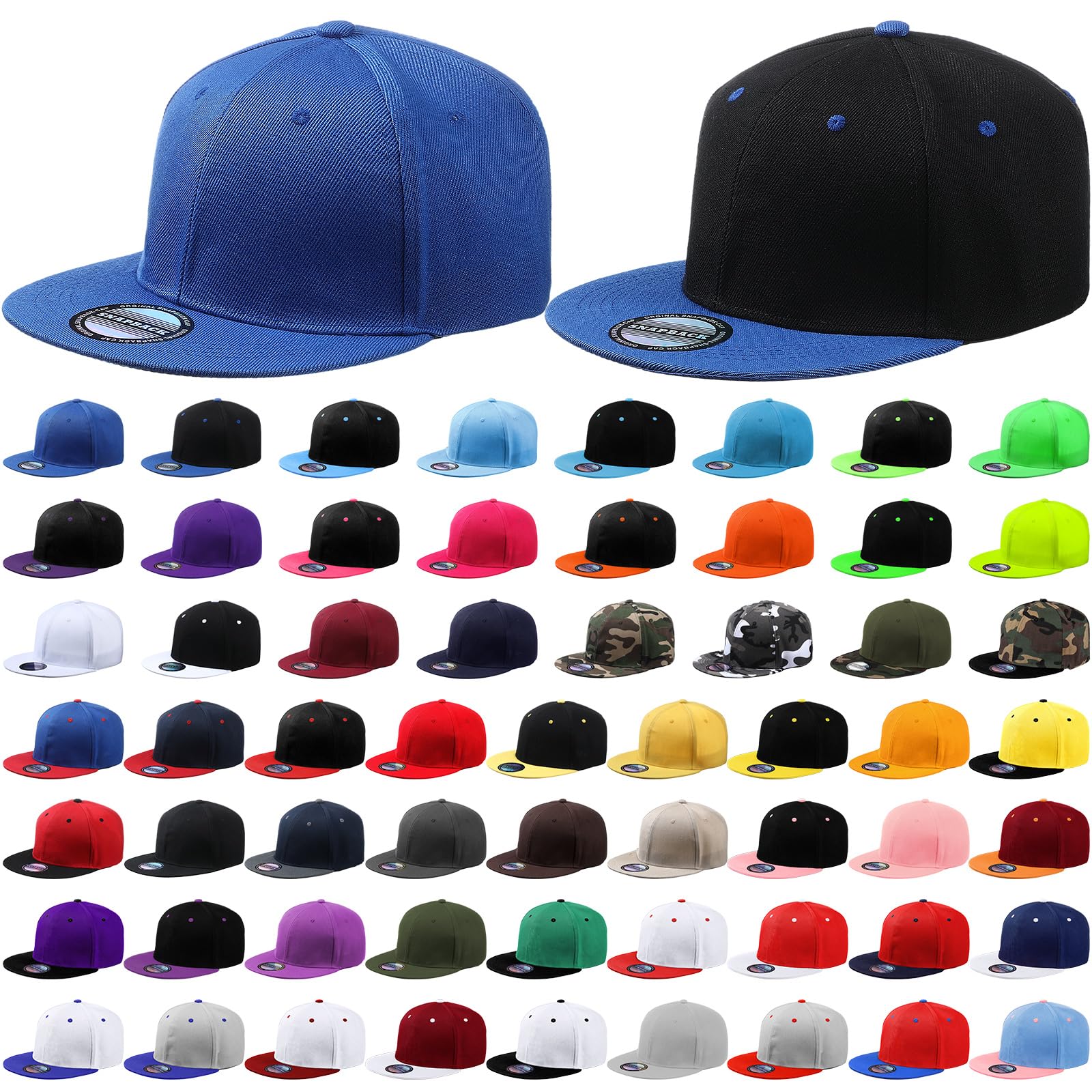Toulite 60 Pcs Snapback Hats for Men Hip Hop Style Hats Plain Blank Flat Bill Hats Solid Flat Brim Hat Adjustable Baseball Caps Bulk