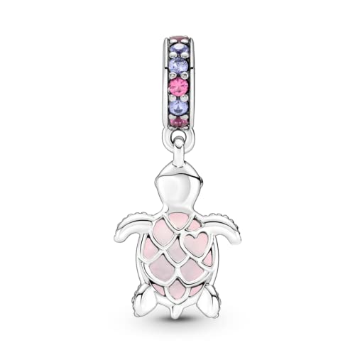 The Charm Box Sea Turtle Dangle Charm, Cute Marine Animal Beaded Charm, Two Pink Murano Glass Charm for Bracelets and Necklaces, Sterling Silver Bead