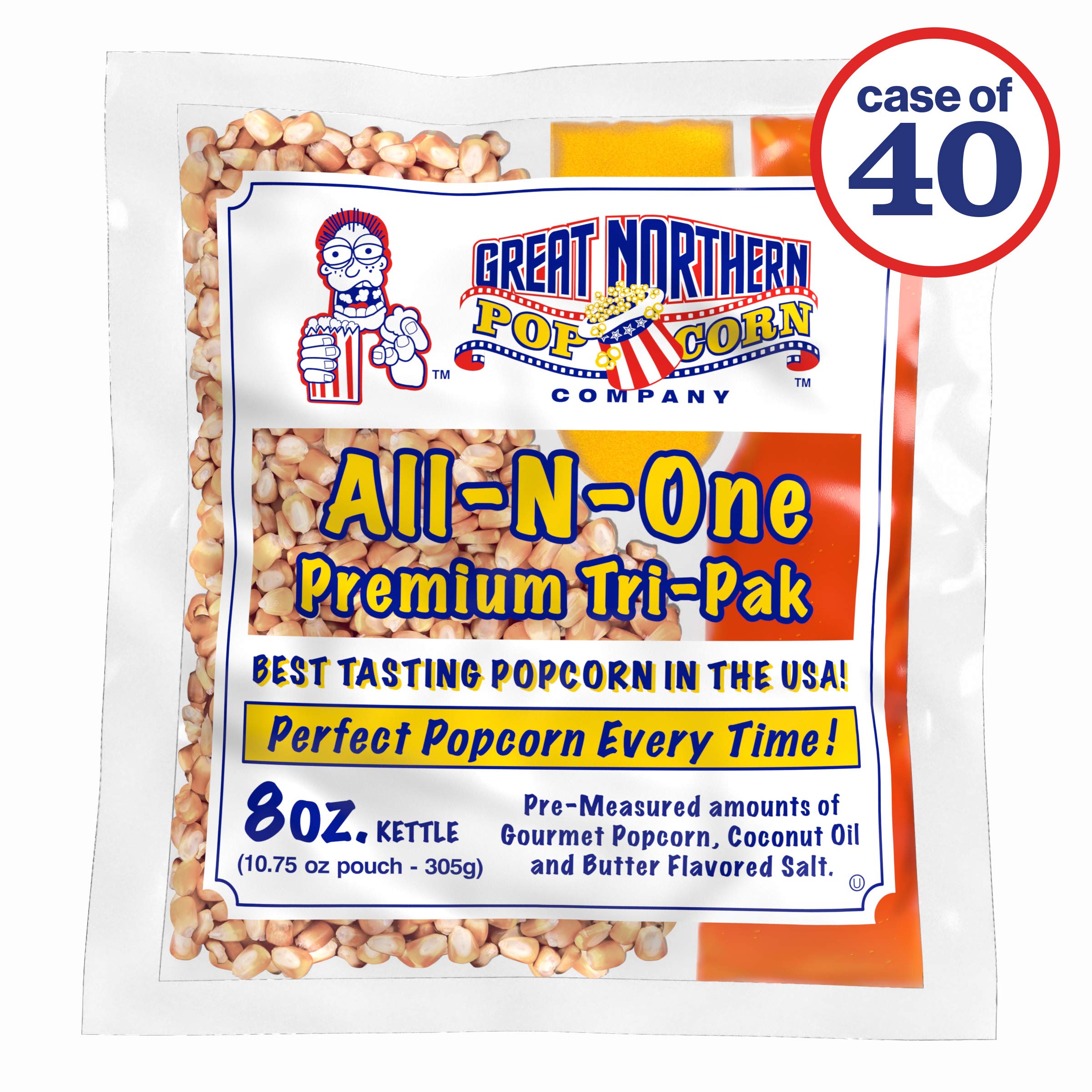 Movie Theater Style 40-Count Popcorn Packs - Pre-Measured 8-Ounce All-in-One Kernel, Salt, Oil Packets for Popping Machines by Great Northern Popcorn