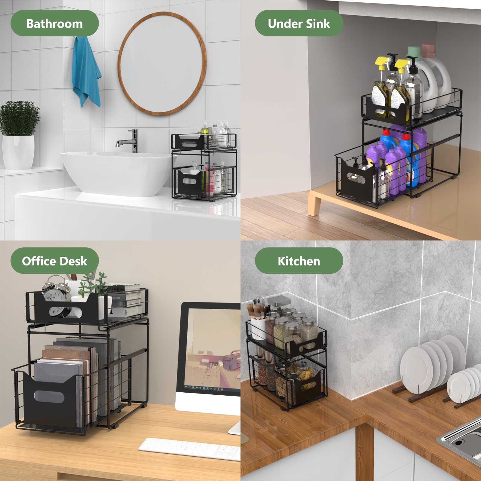RM FOLD ART Under Sink Organizers and Storage, 2 Pack Metal Pull Out Cabinet Organizer, Sliding Bathroom Organizer Multi-use Under Sink Shelf Organizer for Home Storage, Black