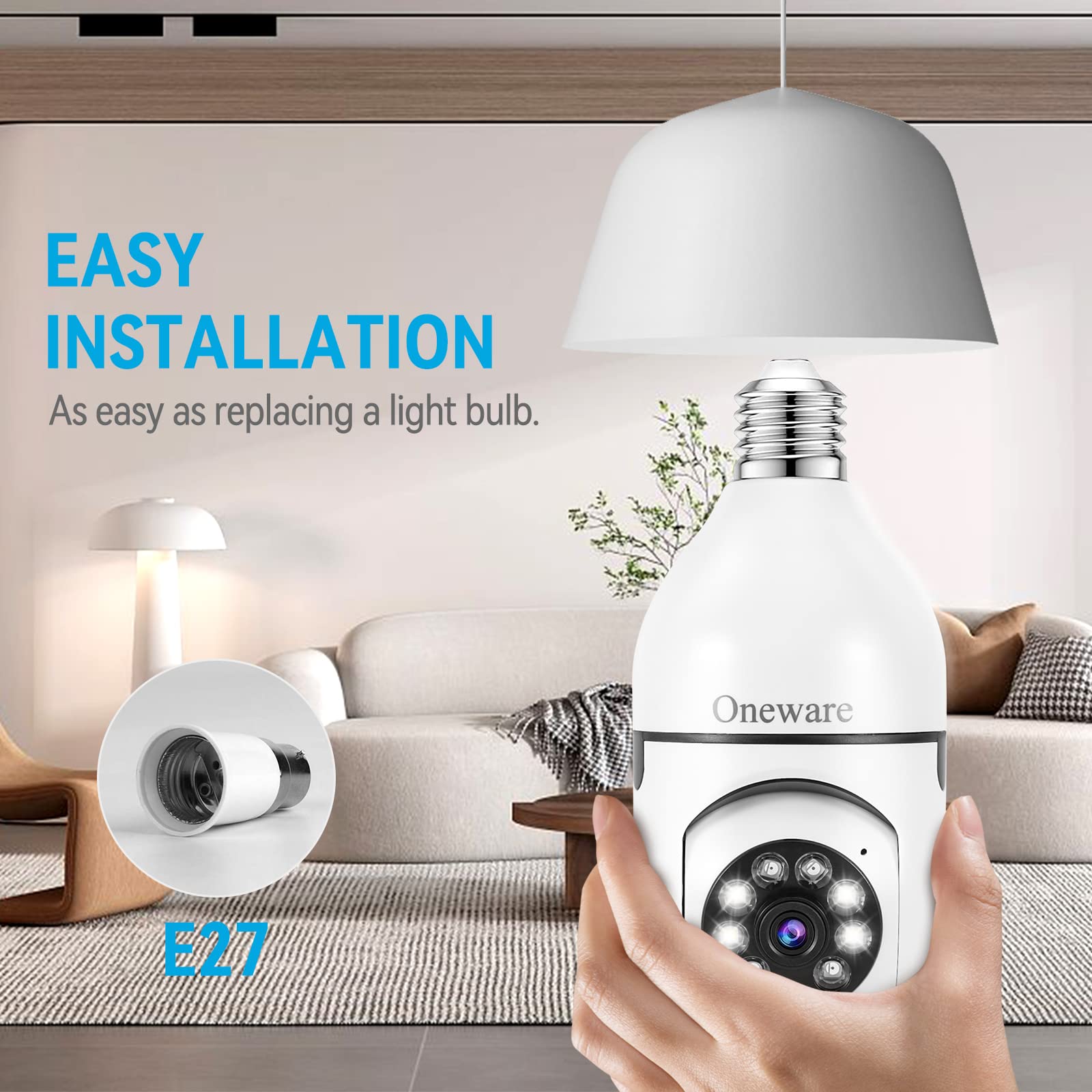 Wireless Light Bulb Security Camera 1080P Pan Tilt Wireless 360 Degree Floodlight Night Vision with Floodlight Human Motion Detection and Alarm Included 64GB Memory Card