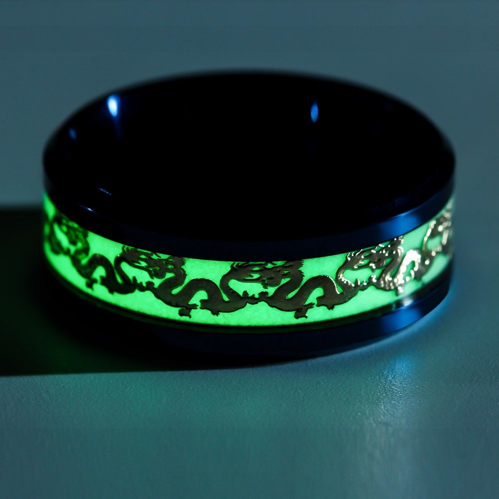 Men's 8mm Luminous Effect Rings Stainless Steel Dragon Pattern Band Ring For Women Glow in the Dark (9)