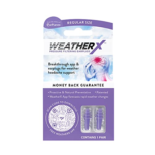 WeatherX Headache Preventionā Pressure Filtering Earplug for Shifts in Barometric Weather Pressure, Download Free Alert app (Regular 1 PK)