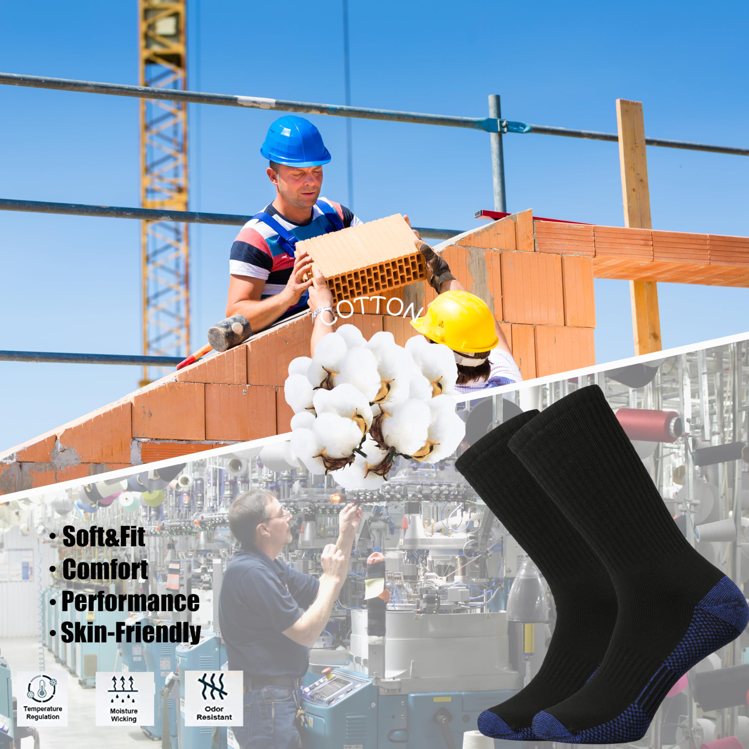Ortis Men's Cotton Cushion Crew Socks Moisture Wicking Breathable Thick Warm Thermal for Athletic Heavy Duty Work Boot(BlackBlue L)