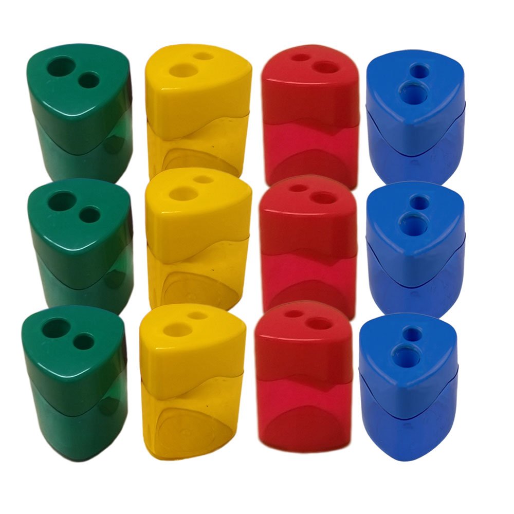Mega Set Of 12 Double Hole Triangular Shaped Pencil Sharpener With Cover and Receptacle! Comes In 4 Colors- Red, Blue, Yellow, and Green!
