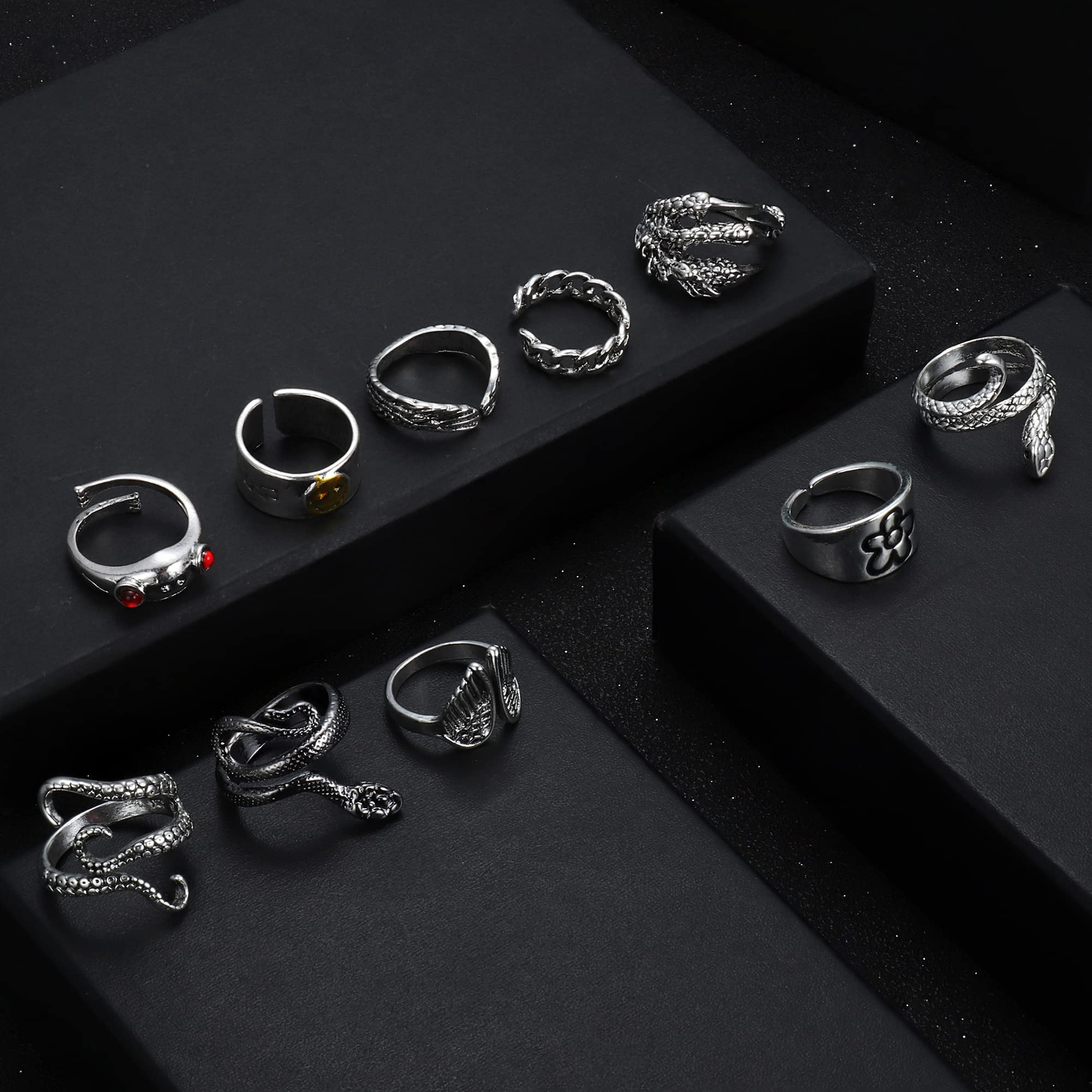 SAILIMUE 20 Pcs Goth Punk Rings for Men Women Adjustable Cool Vintage Silver Emo Ring Set Snake Frog Claw Open Stackable Gothic Ring Pack