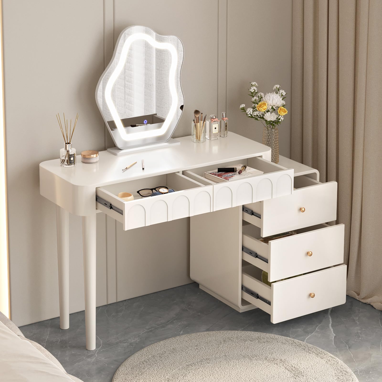 Miuuod Makeup Vanity Desk & Chair & Lighted Mirror,Modern Cosmetics Table with Storage Carbinet and Drawers Adjustable Direction Makeup Table Dressing Table for Women Girls Vanities for Bedroom White