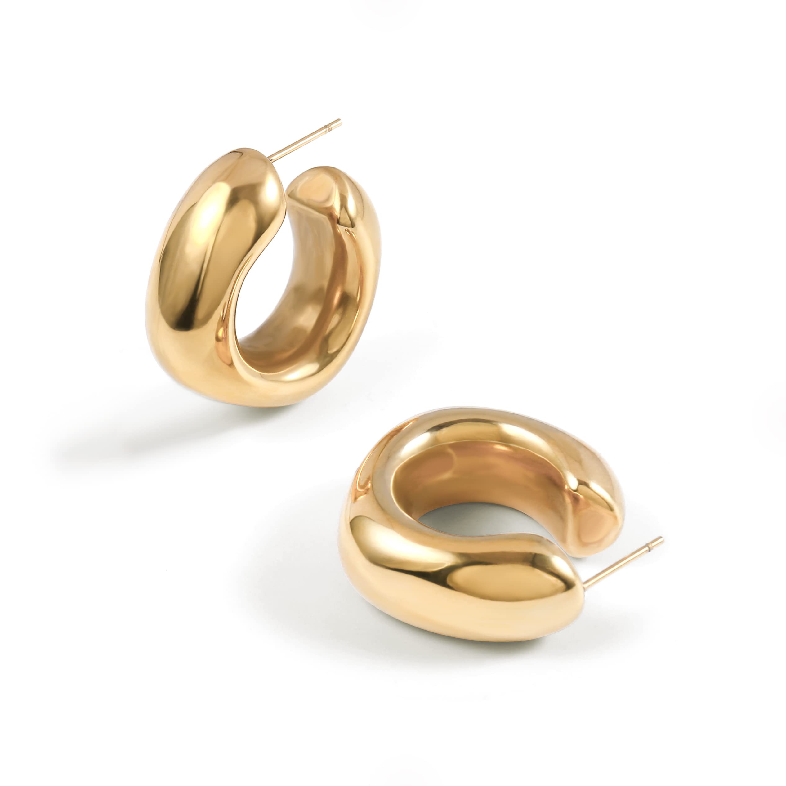 Thick Gold Chunky Hoops Earrings for Women Water Proof,18K Real Gold Plated Open Hoop Lightweight Hollow Non-Tarnish Earrings For Women