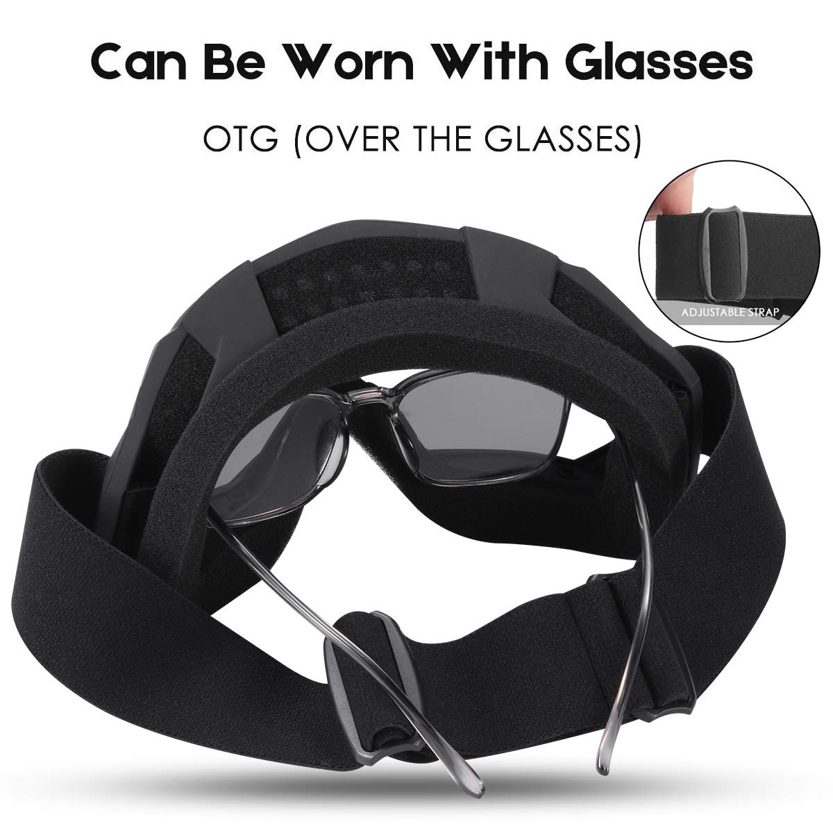 Ski Goggles OTG - Over Glasses Ski/Snowboard Goggles for Men, Women & Youth - 100% UV Protection - Black Cylindrical Frame (Clear Lens)