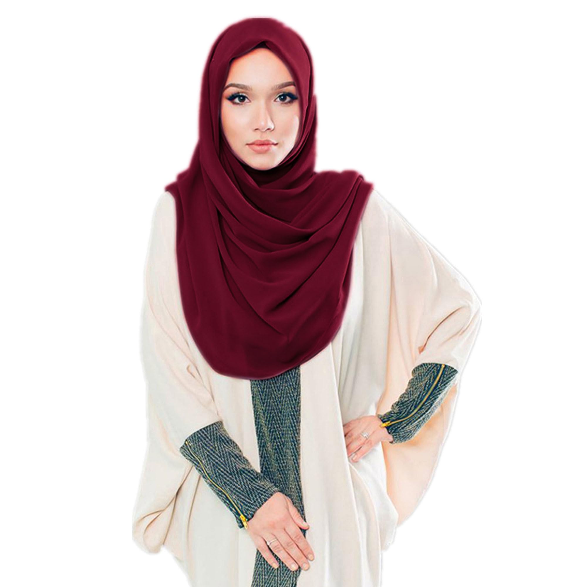 MOWEN Bubble Chiffon Scarf with Underscarf Cap for Women Hijab Muslim Lightweight 27"X70"(Rose Red)