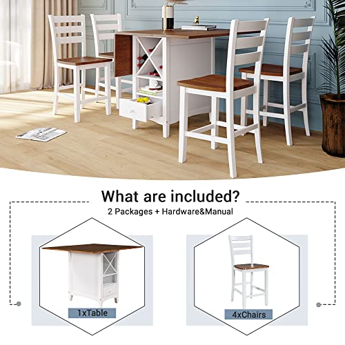 Merax 5 Pieces Drop Leaf Dining Table Set, Counter Height Kitchen Table with Drop Leaf and 4 Chairs, Space-Saving Kitchen Set with Wine Rack and Drawers, Seat Height 23.6"