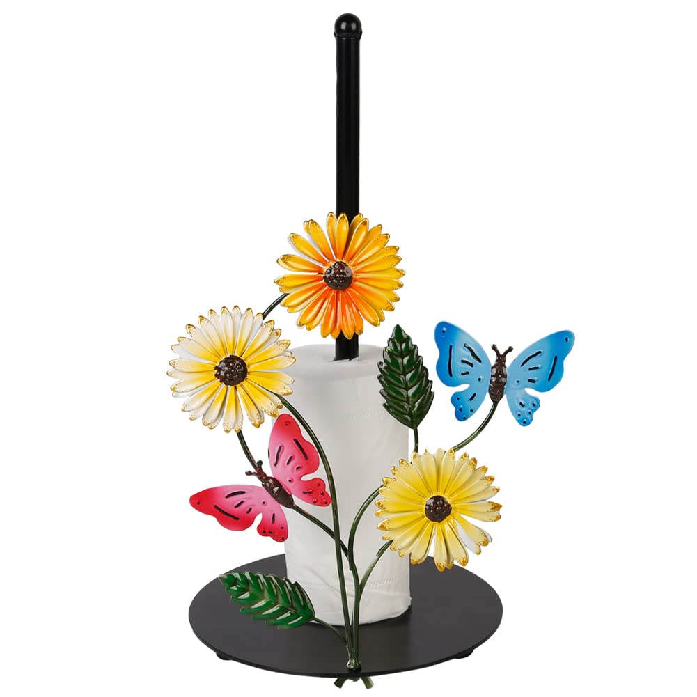 Starsoul Butterfly Sunflower Napkin Holder Black Metal Standing Paper Towel Holders Weighted Rustic Paper Roll Holder Decorative Paper Towel Holder Countertop for Kitchen