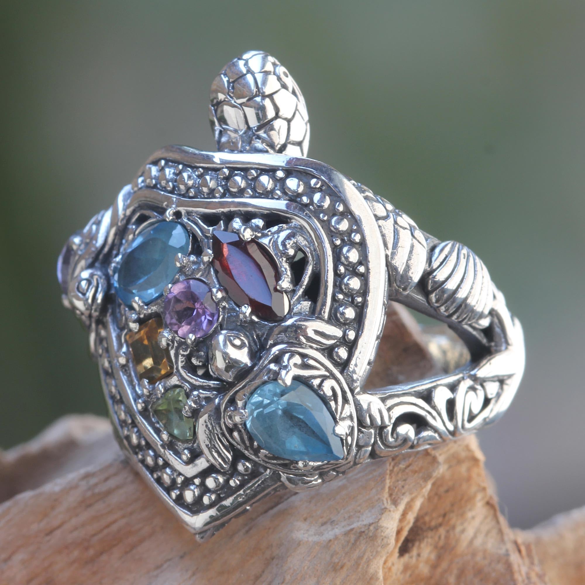 NOVICA Multi-Gem Blue Topaz .925 Sterling Silver Artisan Crafted Ring, Turtle in Paradise'