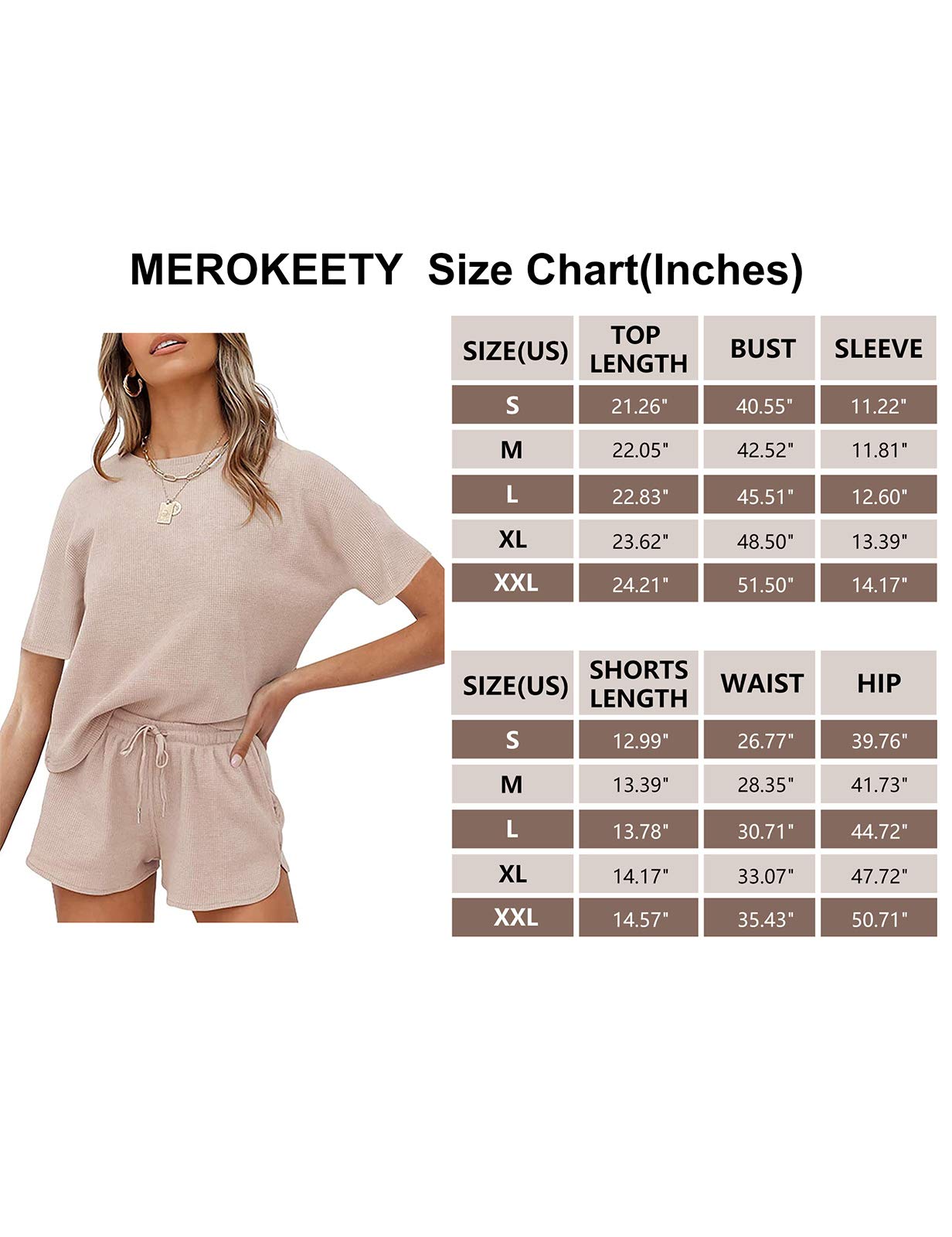 MEROKEETY Women's Short Sleeve Waffle Pajama Sets Lounge Top and Shorts 2 Piece Tracksuit Outfits, ShortBeige, S
