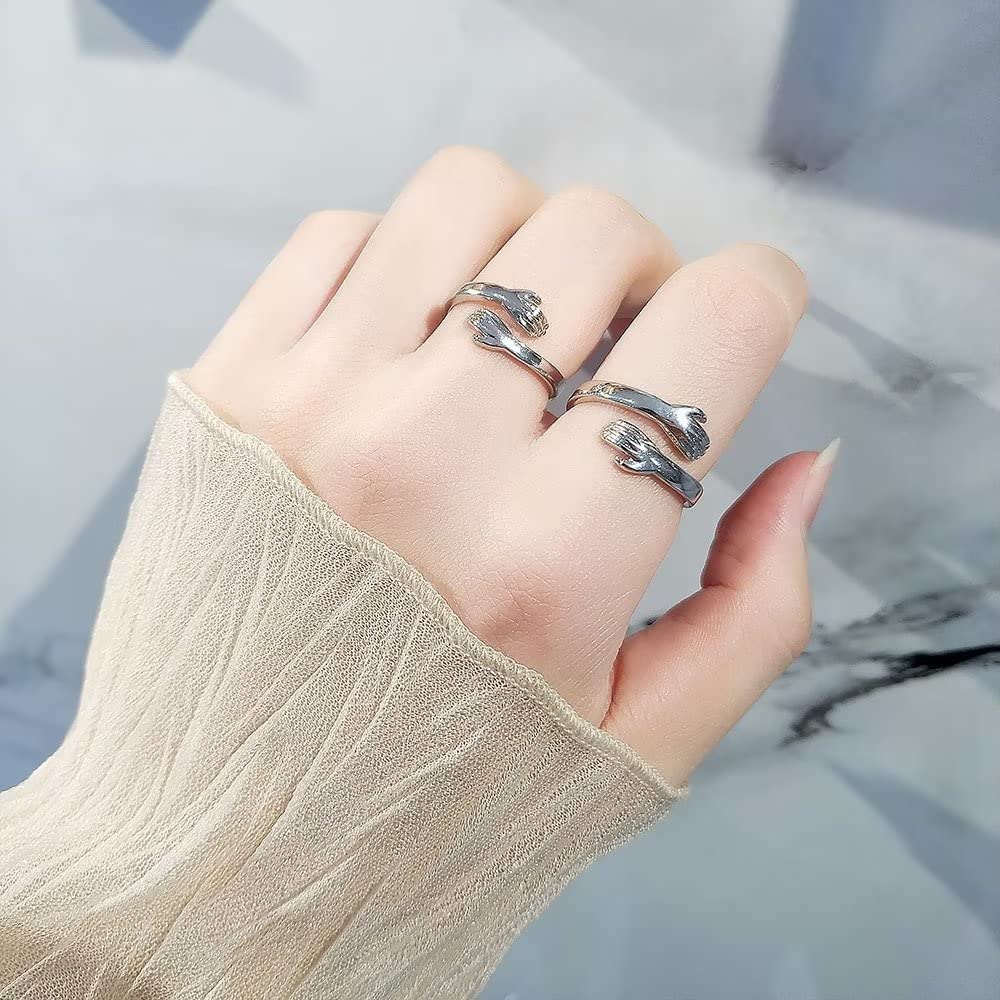 Todu Silver Plated Hug Rings Always With You Adjustable Hugging Hands Open Love Promise Friendship For Women Men Rings Jewelry Gift