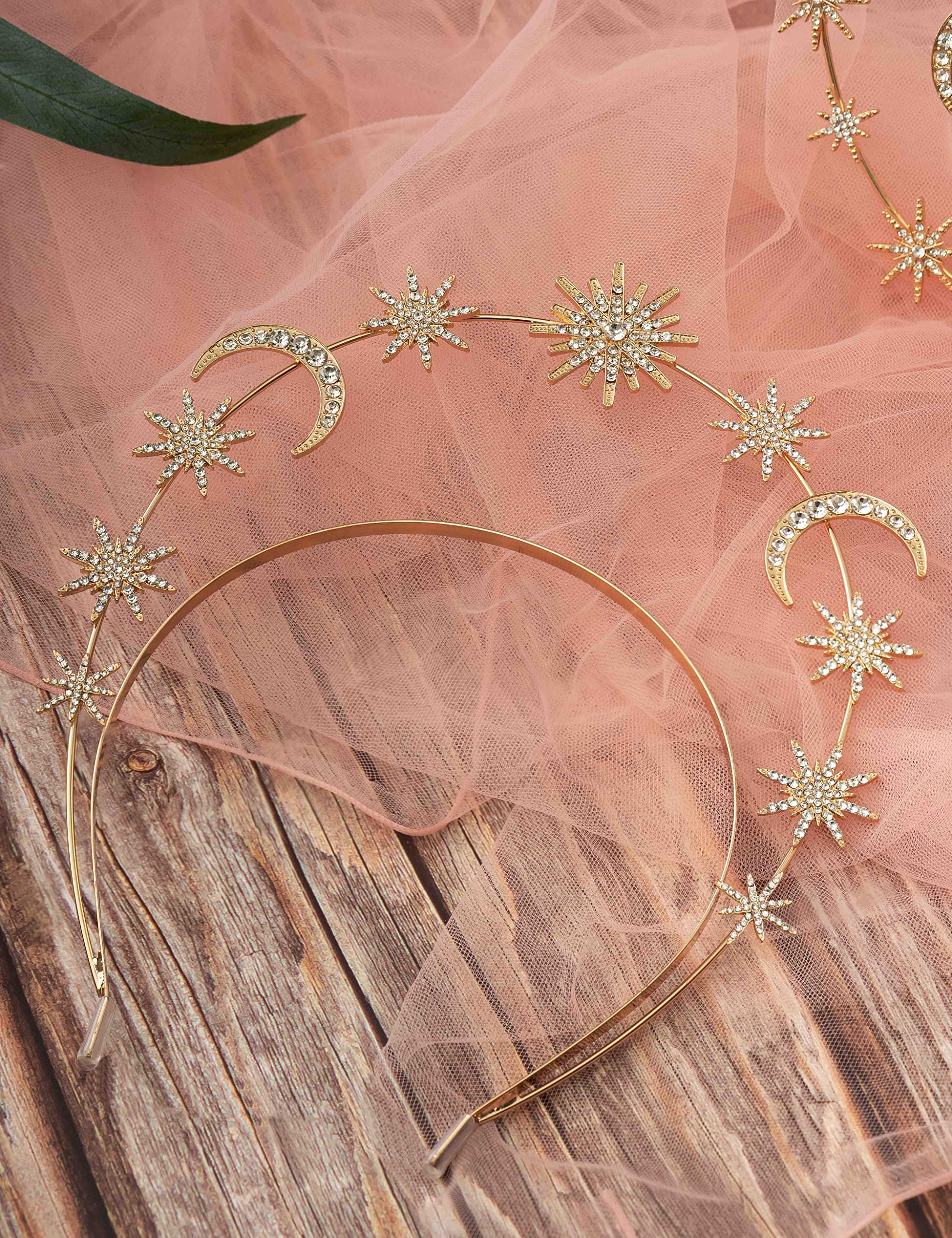 Star and Moon Halo Crown Goddess Crown Celestial Headband Starburst Halo Wedding Bridal Prom Tiara (2-Gold)