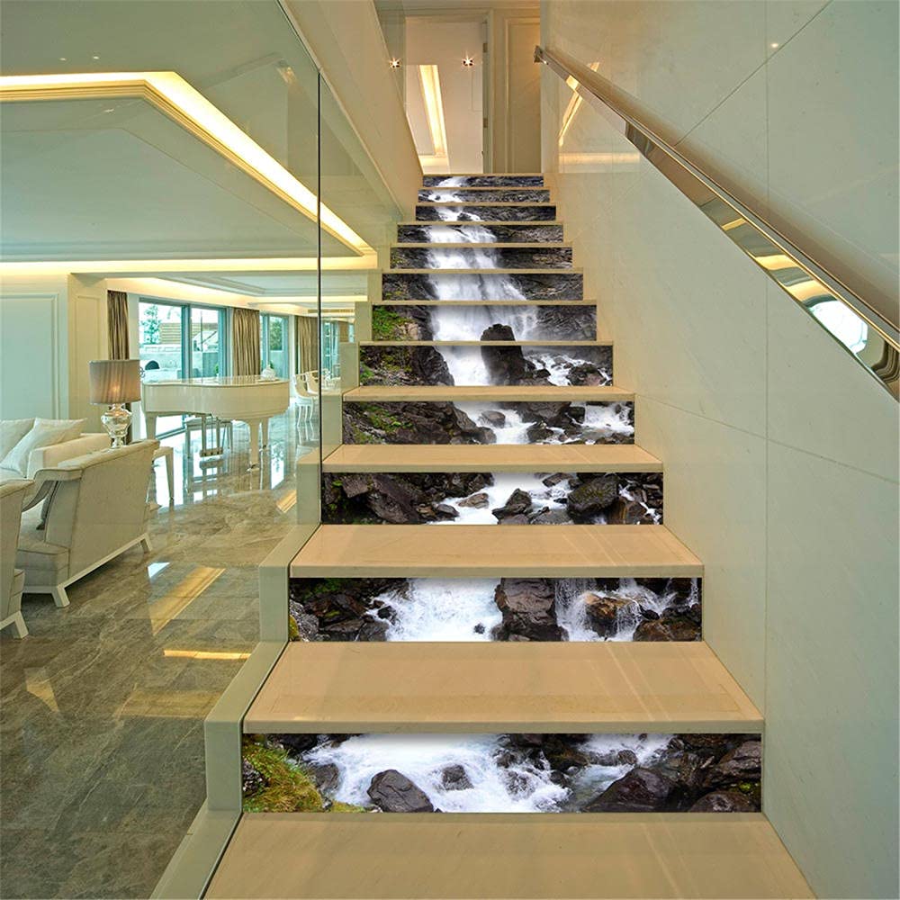Master_GGGGG Stickers 3D Innovative DIY White Stream Decorative Adhesive Stair Stickers - Waterproof Stair Riser Decals - Peel and Stick Stair Stickers Decoration 13pcs/set 18cm X 100cm