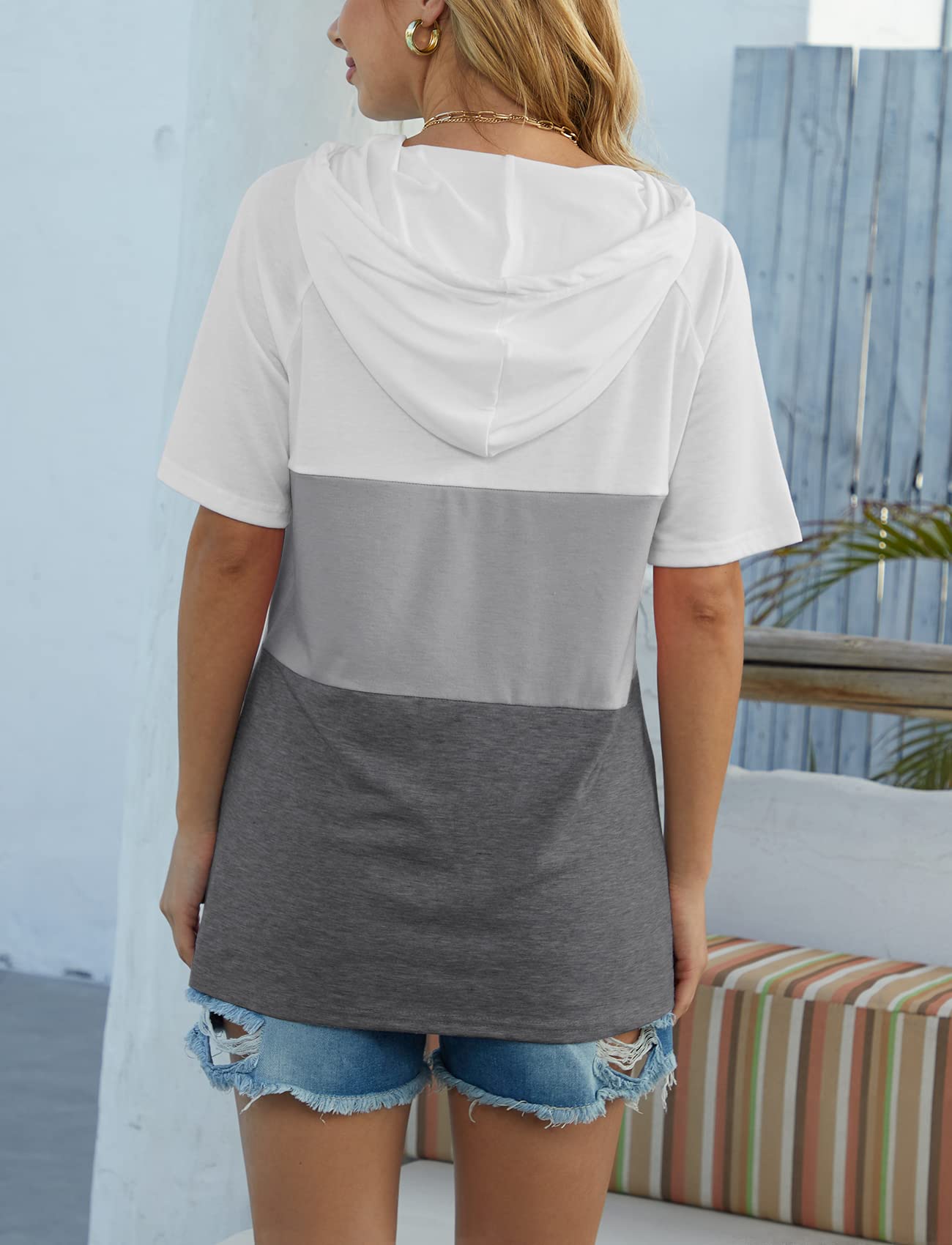 Minetom Women's T Shirts Color Block Tops Short Sleeve Hoodies Summer Casual Tees