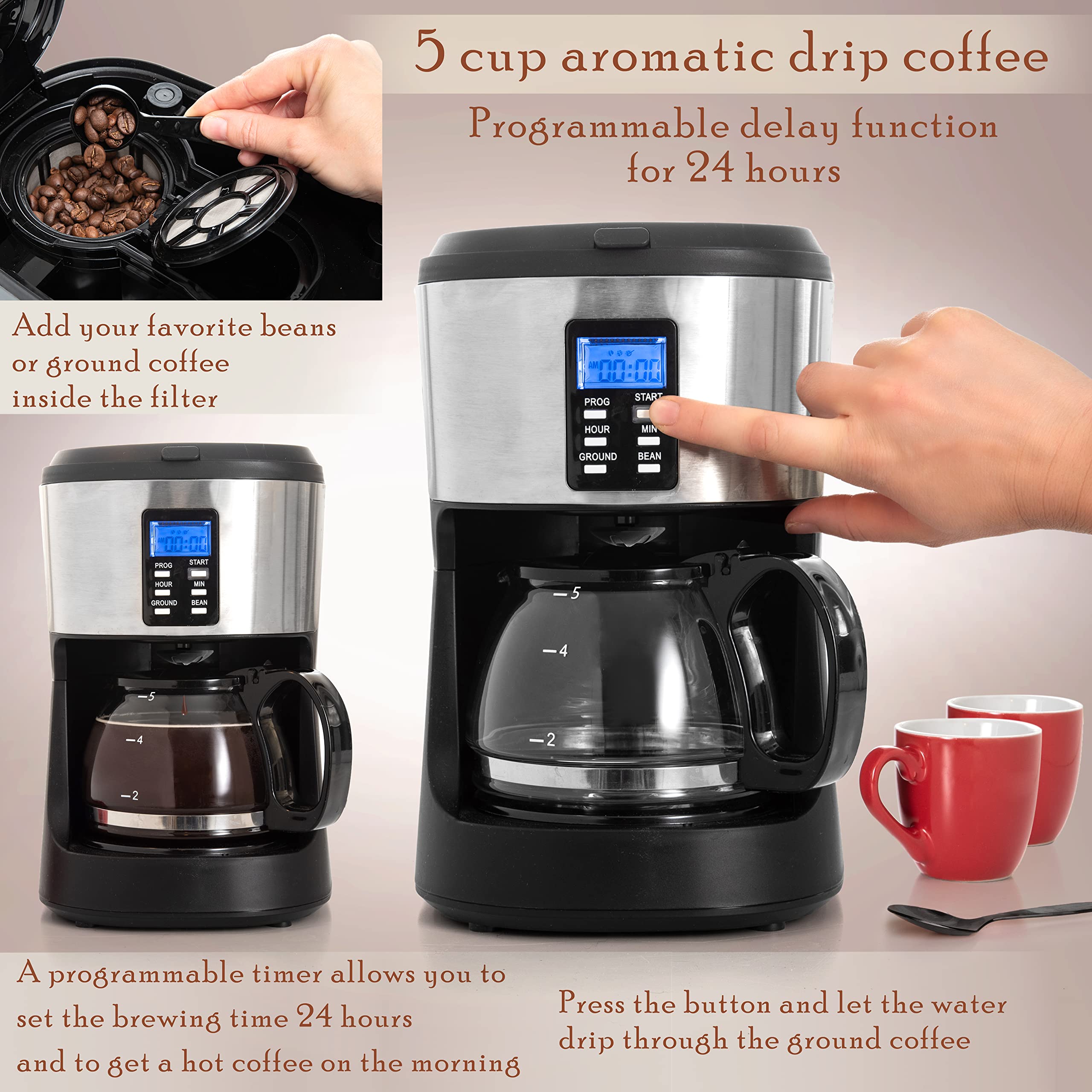 Mixpresso 5-Cup Drip Coffee Maker, Automatic Brew Coffee Pot Machine with Built-In Burr Coffee Grinder, Programmable Smart Coffee Maker with Timer With Glass Carafe Coffee Pot