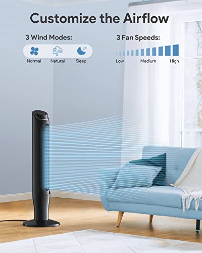 Tower Fan with Remote, 3 Speeds Wind Modes, 360 Degree Oscillation, 24H Timer, Standing Bladeless Floor Fans for Home Bedroom and Office, 40 Inch, Black