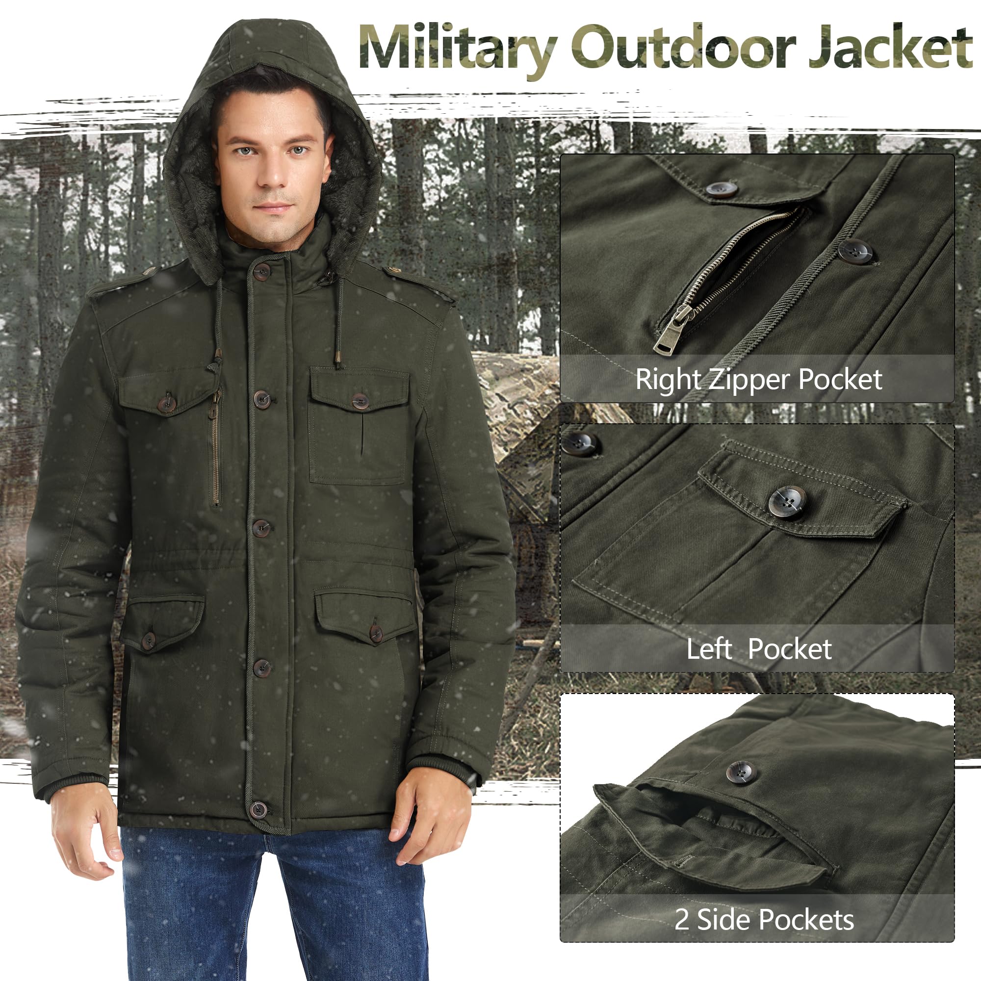 Men's Winter Thicken Parka Jacket Casual Military Warm Coat with Removable Hood (Army Green,XL)