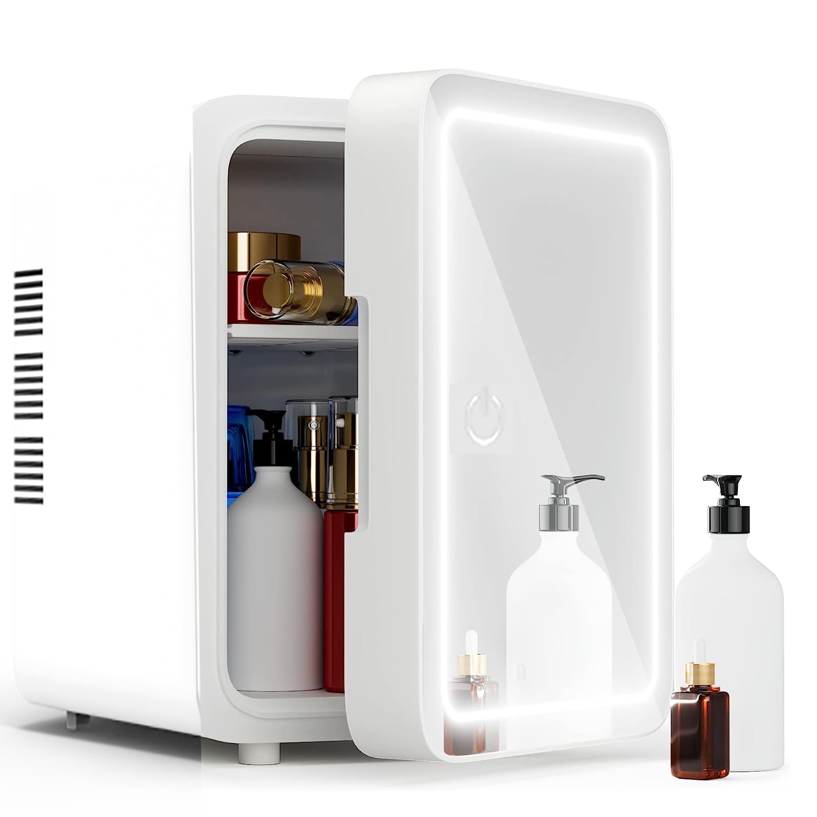 Mini Cosmetic & Personal Beauty Fridge, Mirrored Door w. Dimmable LED Light, Thermoelectric Cooling & Heating Function. 4L. Bedroom Car Office Dorm