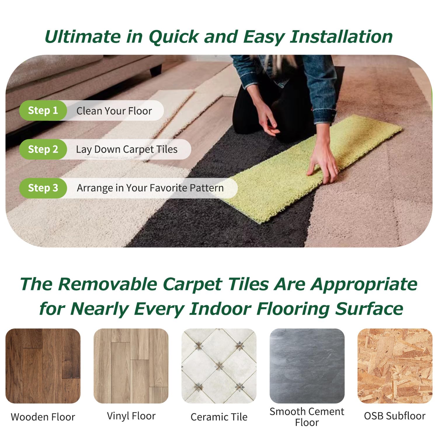 Matace Siren Series Plush Removable Carpet Tiles - 10x40" 8 Planks (21.52 sqft) | Ultra Soft, High Pile, Non-Adhesive DIY Modular, Stain Resistant with Non-Slip Padded Backing - Light Grey