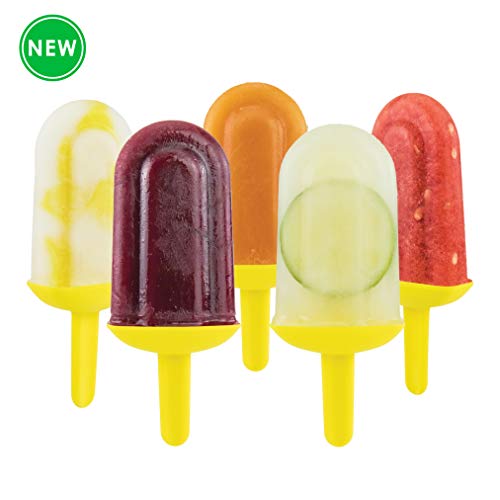 Tovolo Classic Molds with Sticks Ice Maker BPA Free Food Dishwasher Safe for Homemade Juice Popsicles Set of 5 Pops with Stand, Sun Ray