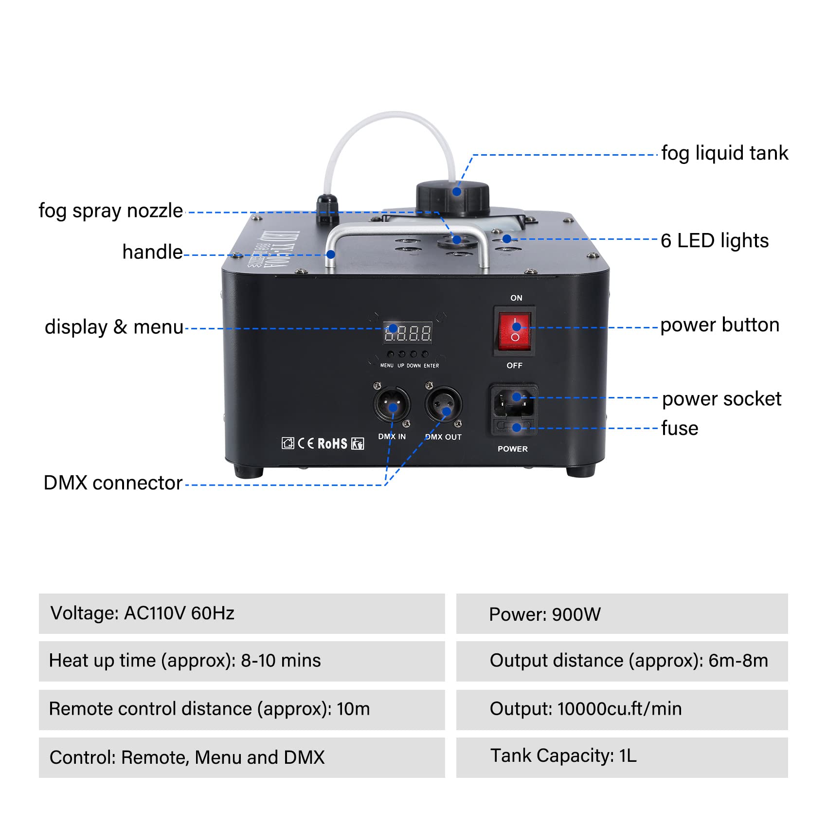 TCFUNDY 900W Fog Machine DMX 6 LED Lights RGB Smoke Machine Vertical Spray W/Remote for Halloween Wedding Party DJ Lighting Stage Effect