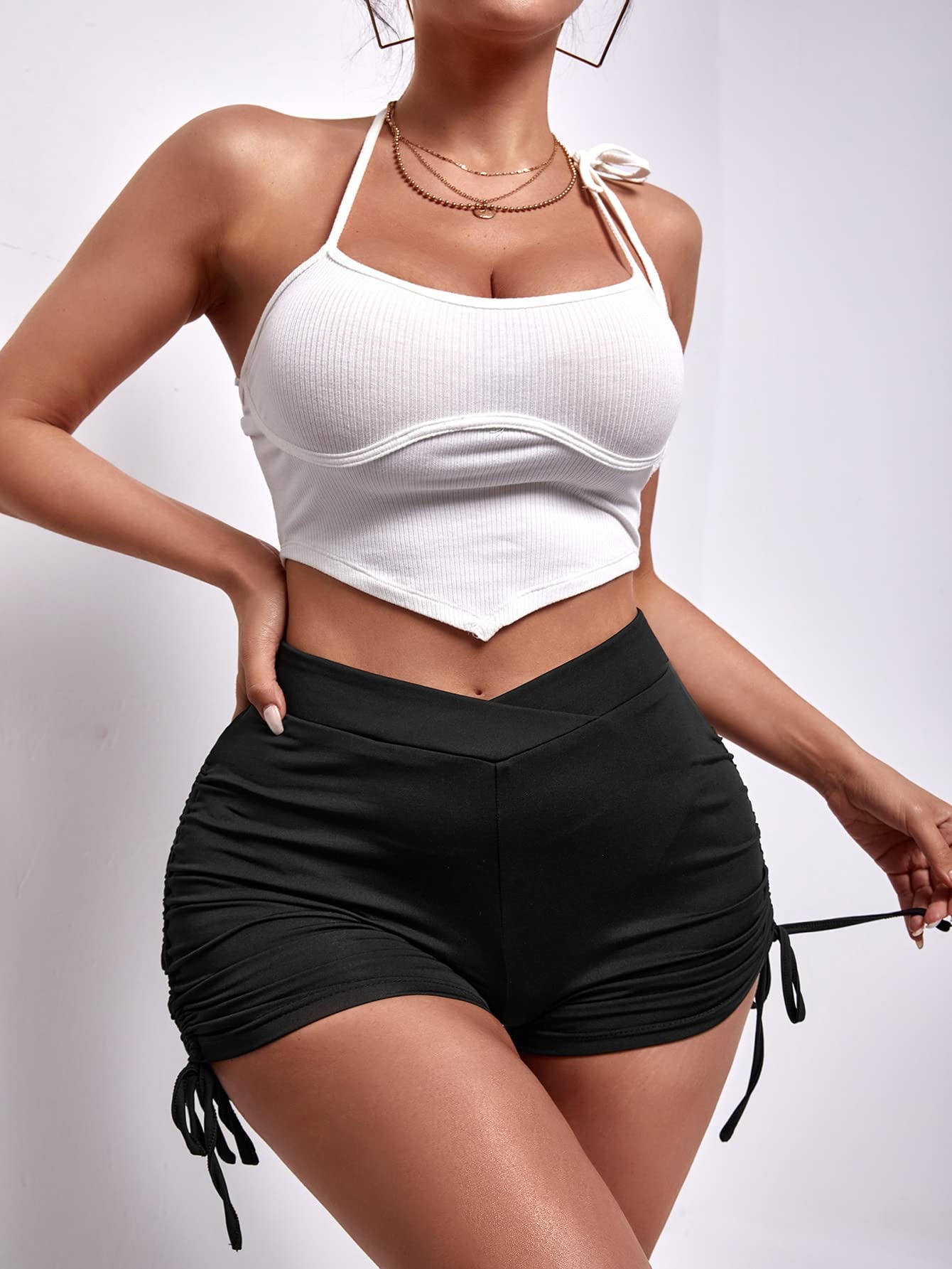 Verdusa Women's Ruched Drawstring Side High Waist Workout Yoga Skinny Shorts Black XL