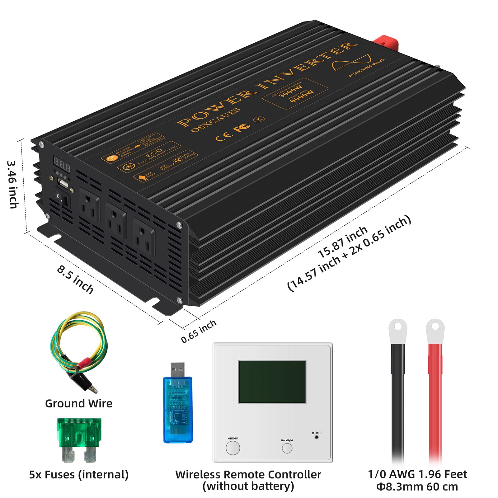 Osxcaues Pure Sine Wave 3000W Power Inverter 24V DC to 110V AC Remote Control Converter with 3 AC outlets for Solar System Truck Boat Car