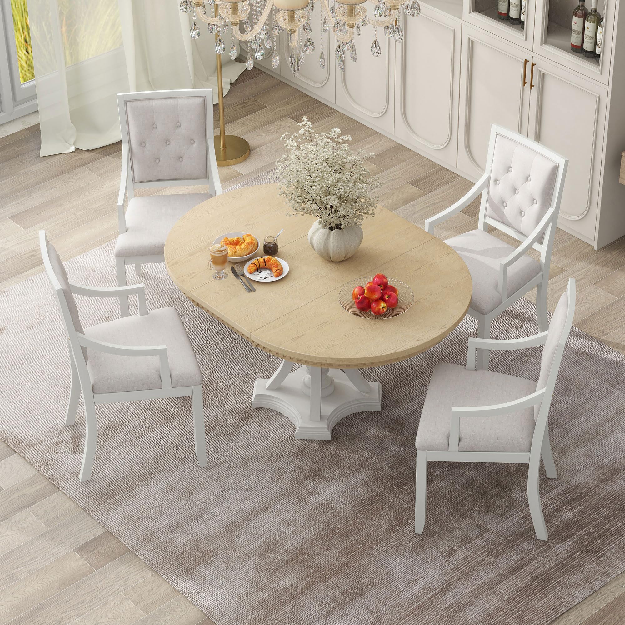 MengK Retro 5-Piece Dining Set Extendable Round Table and 4 Chairs for Kitchen Dining Room (Natural Wood Oak + Antique White)