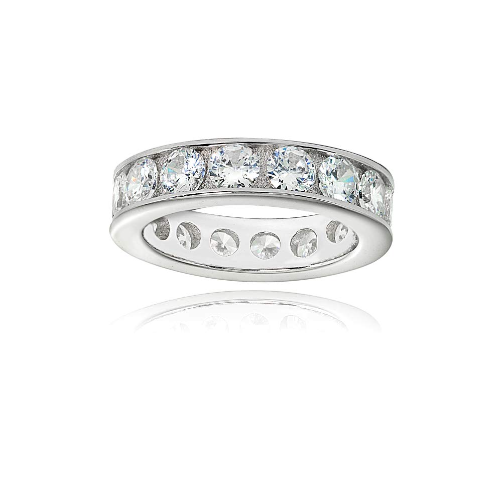 Sterling Silver Cubic Zirconia Round 4mm Channel Set Polished Eternity Band Ring, Size 6