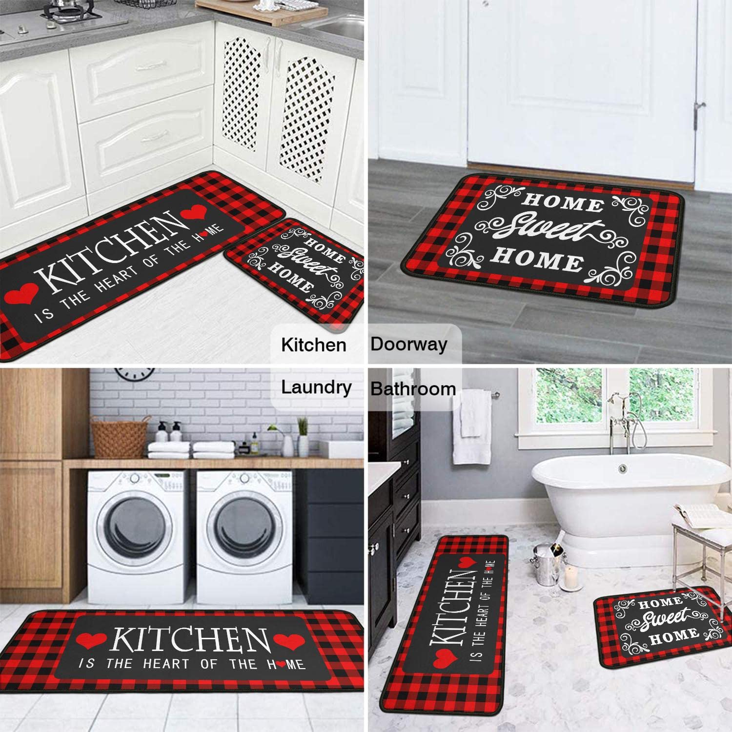 Sianseir Red and Black Buffalo Plaid Kitchen Mat Set of 2, Non Slip Washable Home Decor Kitchen Rugs and Mats for Floor Comfort Standing Mats for Kitchen, Sink, Office, Laundry 17"x47"+17"x30"