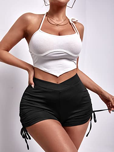 Verdusa Women's Ruched Drawstring Side High Waist Workout Yoga Skinny Shorts Black M