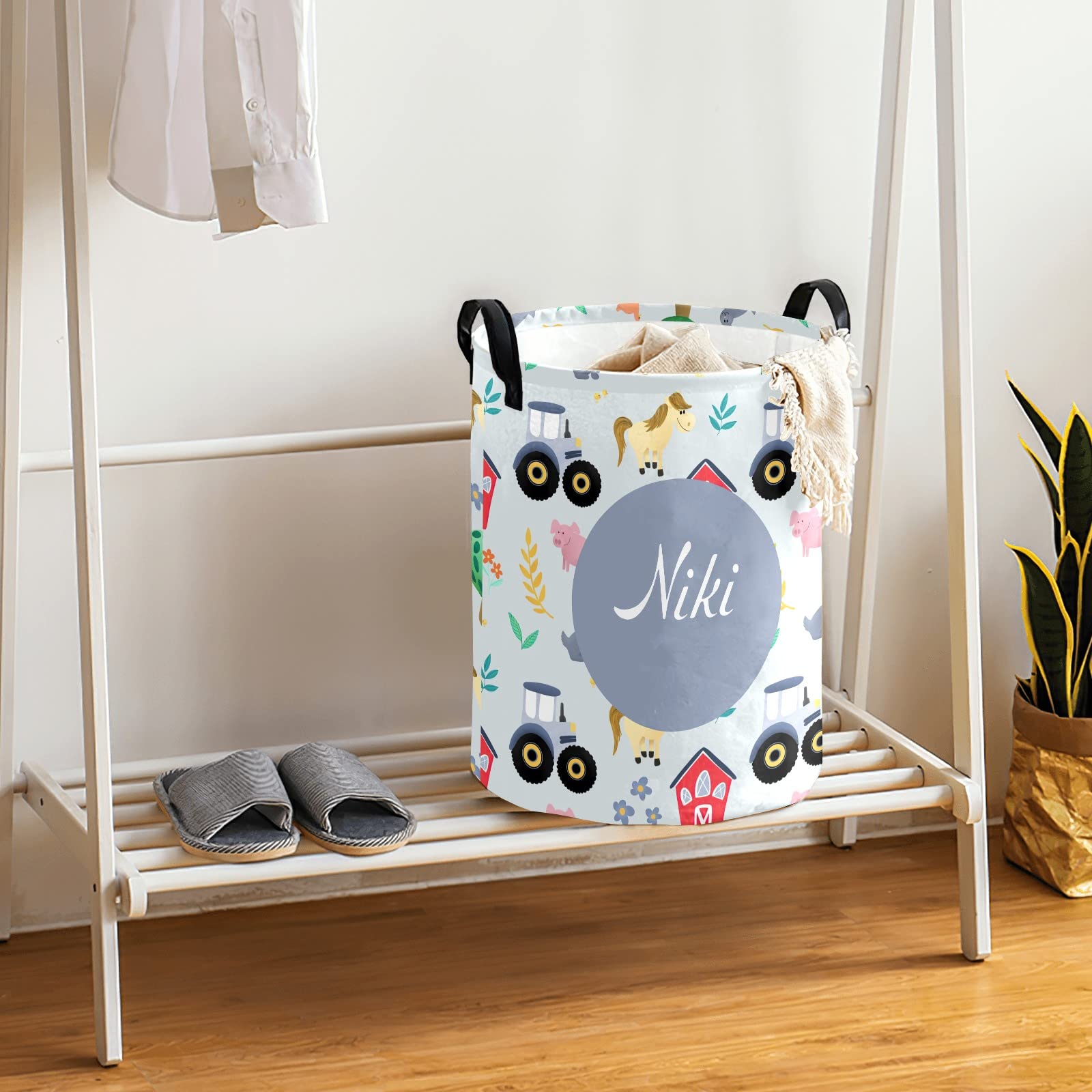 Tractor Pig Pattern Laundry Basket Personalized with Name Laundry Hamper with Handle Clothes Bag Bin for Bedroom Baskets