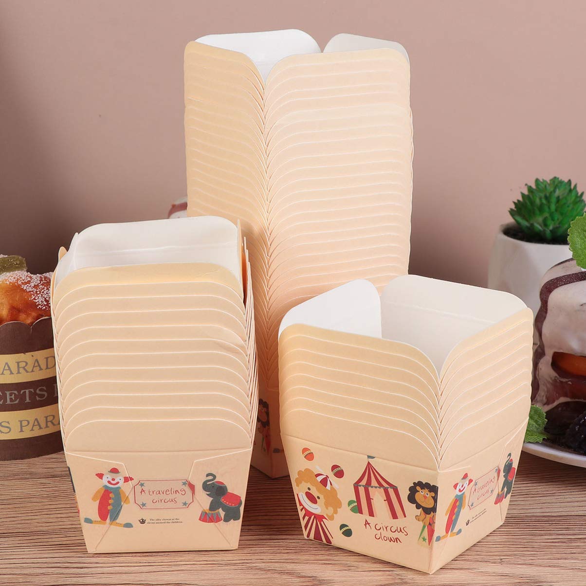 TOYANDONA 100pcs Paper Baking Cup Small Square Cake Wrappers Cupcake Liners Desserts Holders Muffin Cases for Weddings Birthdays Baby Shower (Cartoon Circus)