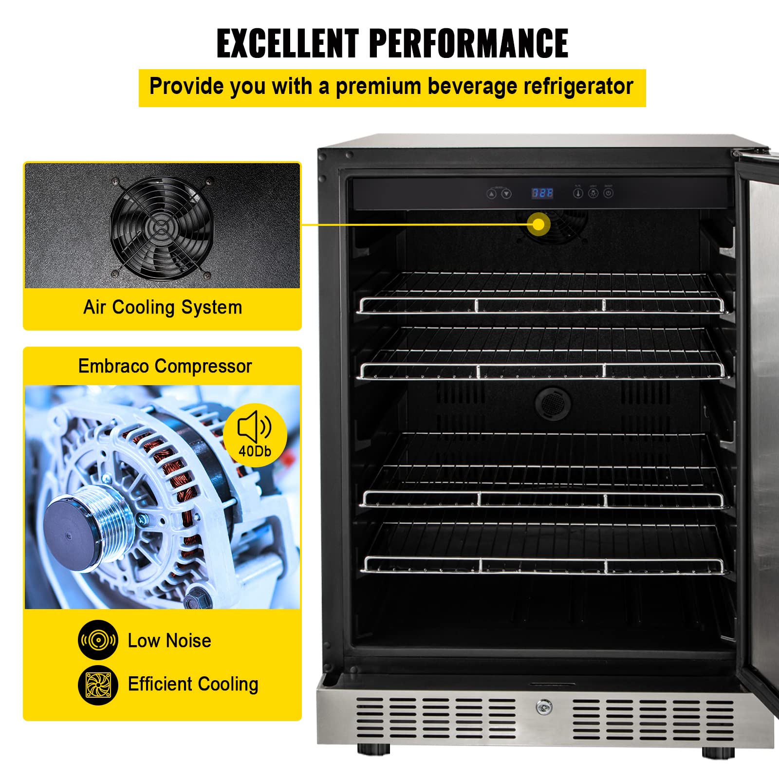 VEVOR Built-in Beverage Cooler, 5.3 cu.ft. Stainless Steel Beverage Refrigerator w/Embraco Compressor (Silver)