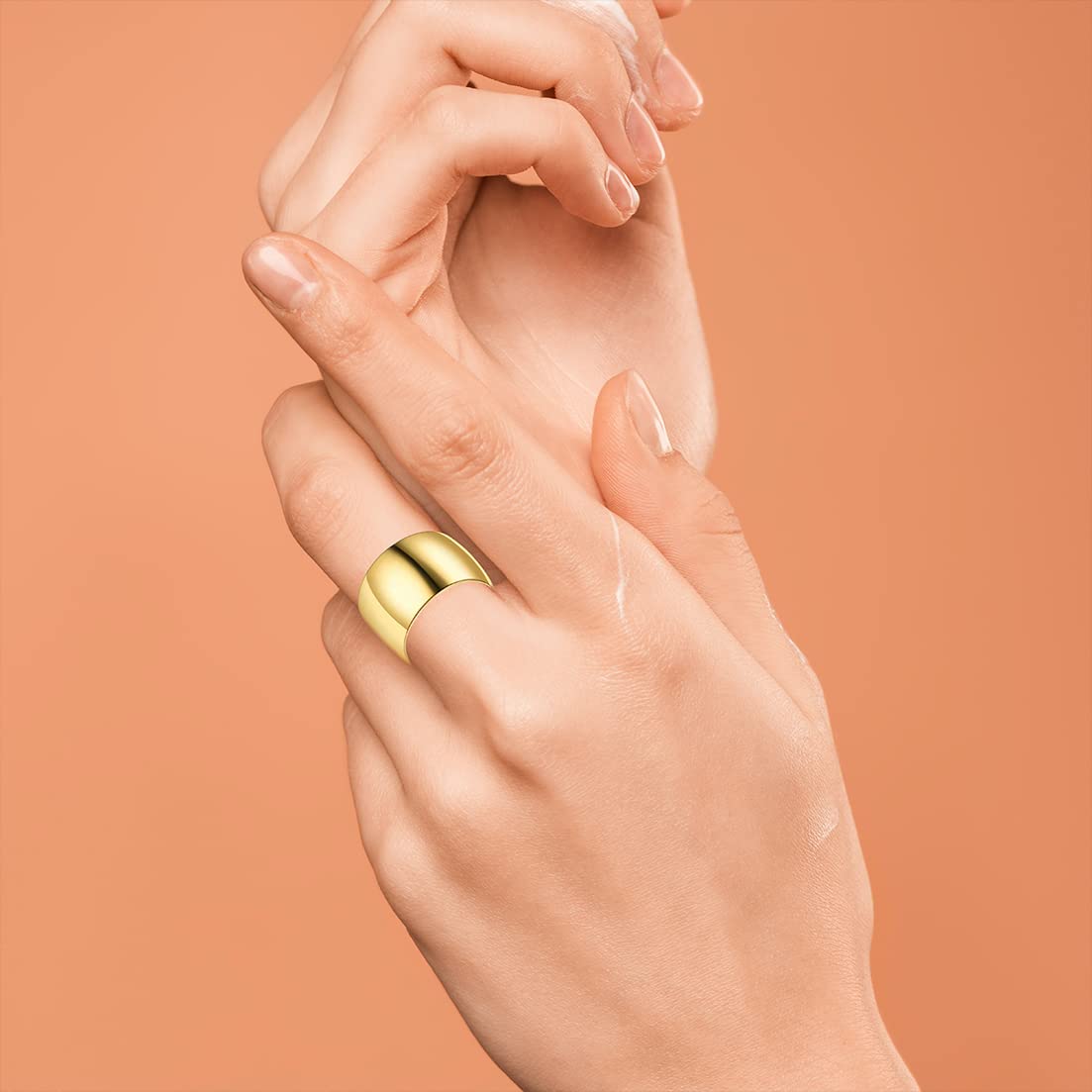 THJEW Full Finger Wide Chunky Band Ring for Women,14K Yellow Gold Classic Shiny Finish Plain Thumb Index Finger Band Ring Jewelry (Ring_E1_12mm, 6)
