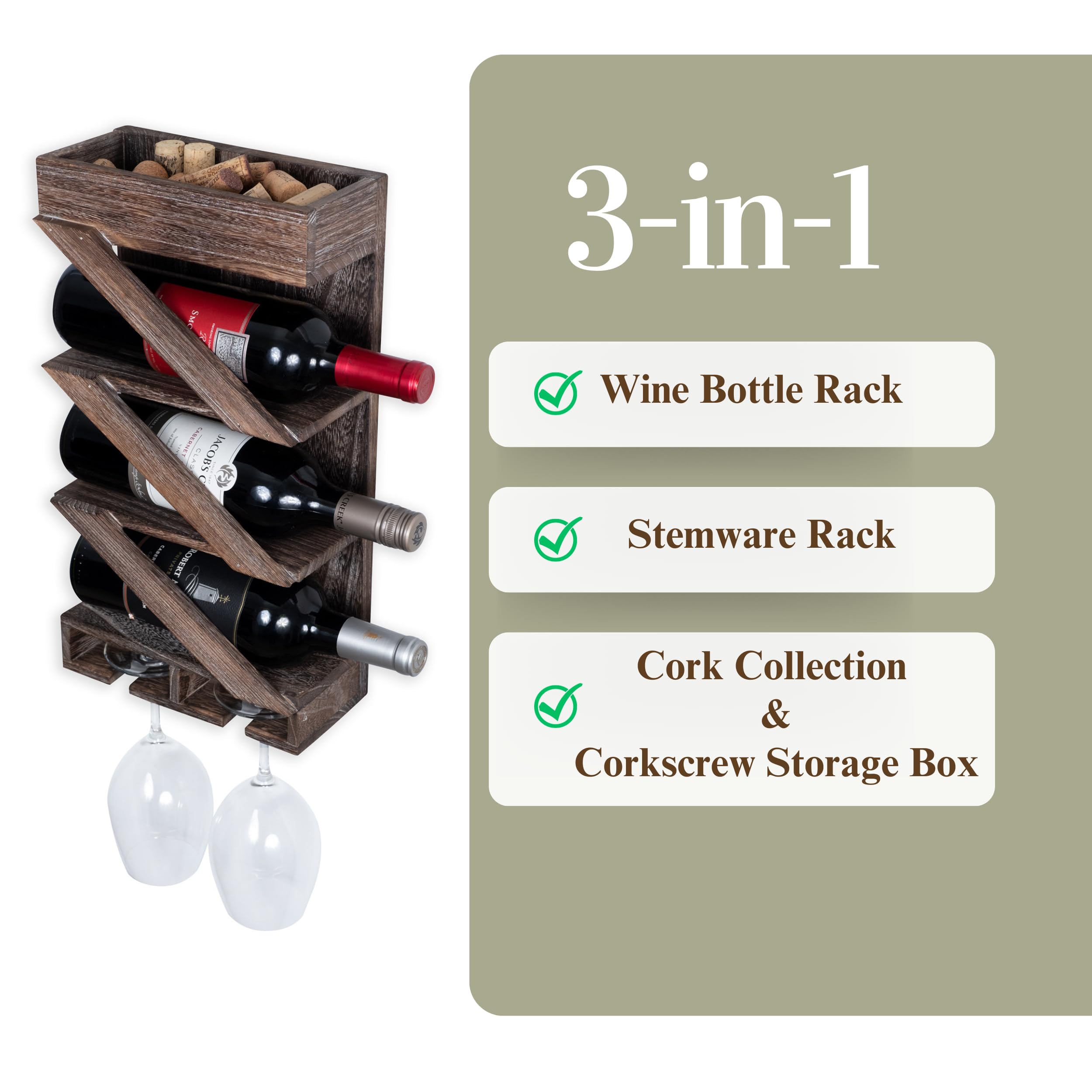 Rustic State Rioja Wall Mount Wood Wine Rack with 2 Glass & 3 Bottle Holder, Stemware Shelf, Cork Storage - Corkscrew Holder for Champagne, Red & White Wine - Home, Kitchen, Dining Room Bar Décor