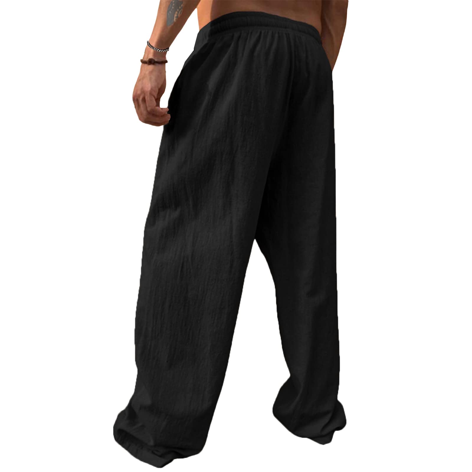 Mens Casual Linen Pants Loose Fit Lightweight Drawstring Summer Beach Yoga Pants Long Trousers Black