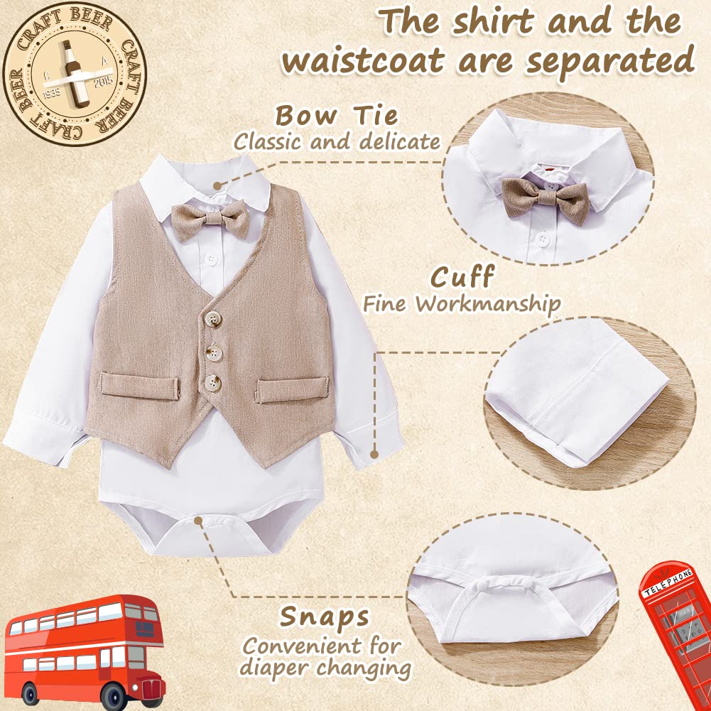 XIFAMNIY Baby Boys Gentleman Outfit 4Pcs Pants and Top Sets Newborn Long Sleeve Romper+ Hat + Vestcoat + Bow Tie 3-24M