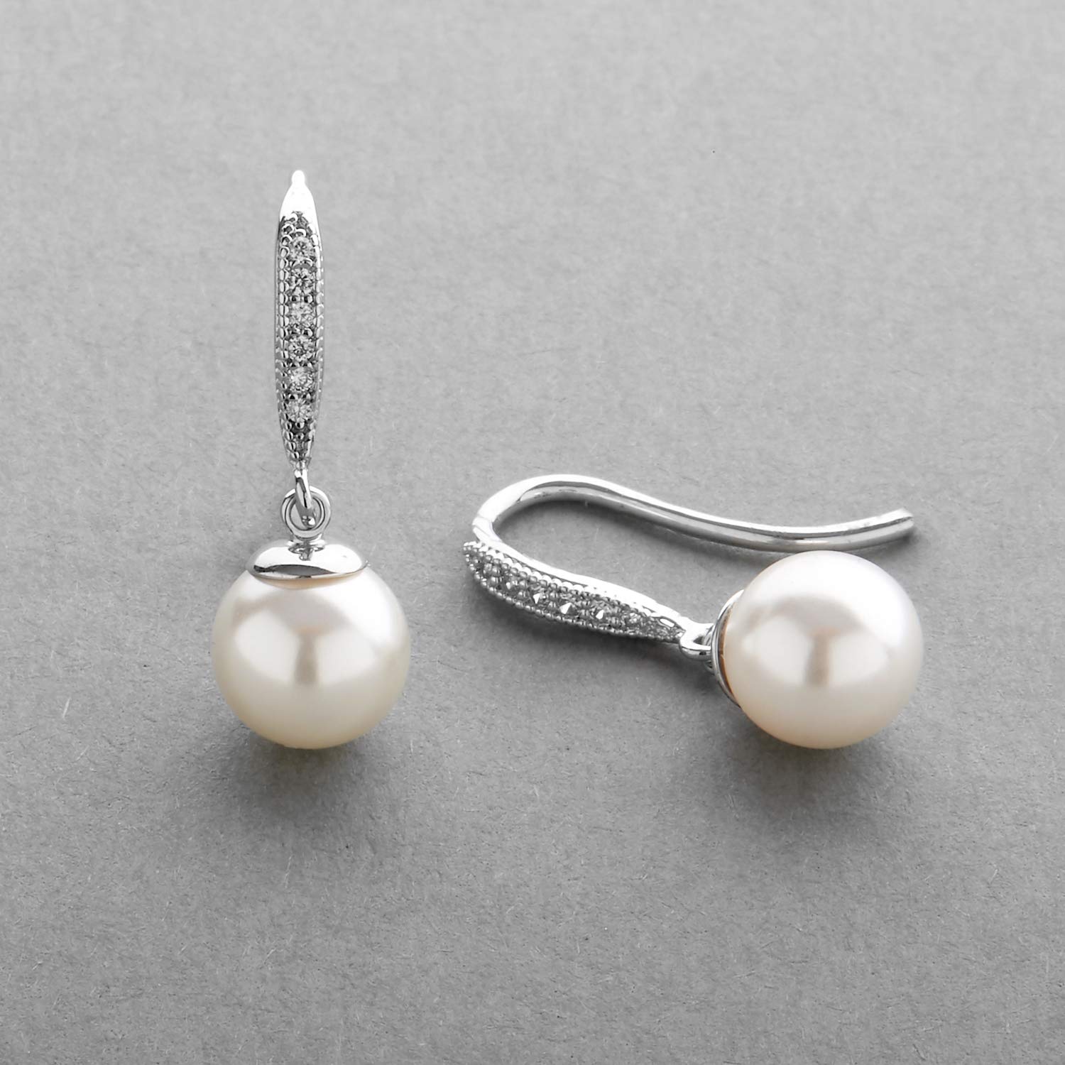 Mariell Pearl Drop Earrings, 8mm, French Wire Top with CZ Crystal for Bride, Wedding or Birthday Gift