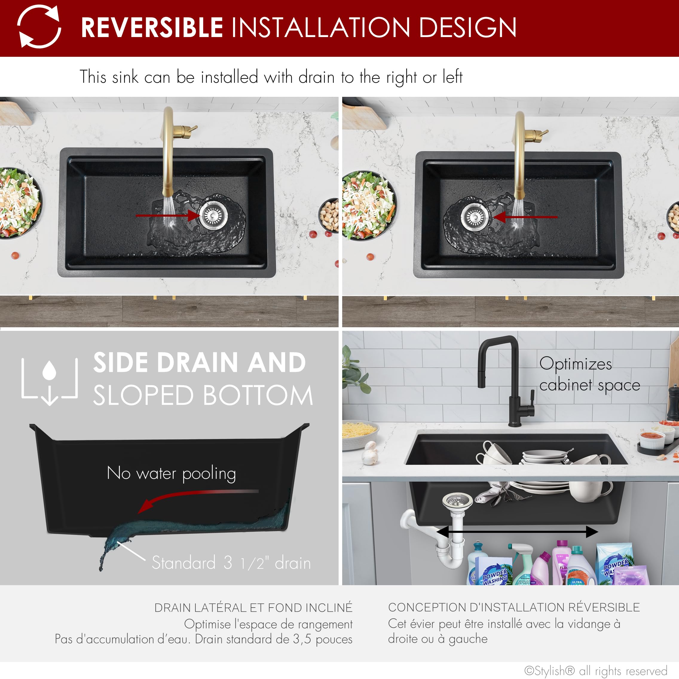 STYLISH 28 x 18 inch Workstation Dual Mount Granite Composite Single Bowl Reversible Kitchen Sink with Regular Strainer, Colander, Drying Rack and Cutting Board (Black) S-828WN