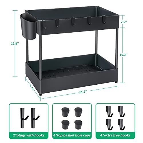 Under Sink Organizer and Storage - Bathroom Organizer - Multi-purpose Kitchen Organizer Countertop Storage Shelf Holder with Hooks, 2 PCS