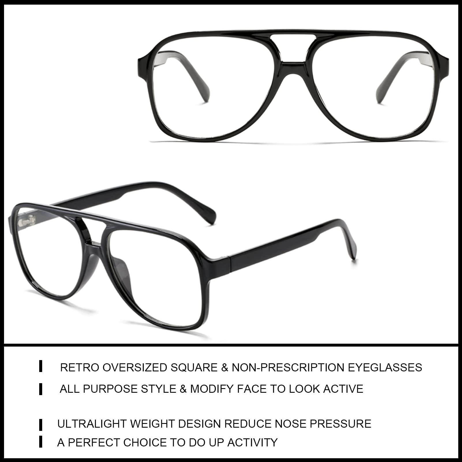 Pro Acme Oversized Fake Nerd Glasses Women Men Non Prescription Large Clear Lens Glasses Classic Double Bridge Eyeglasses (Shiny Black)